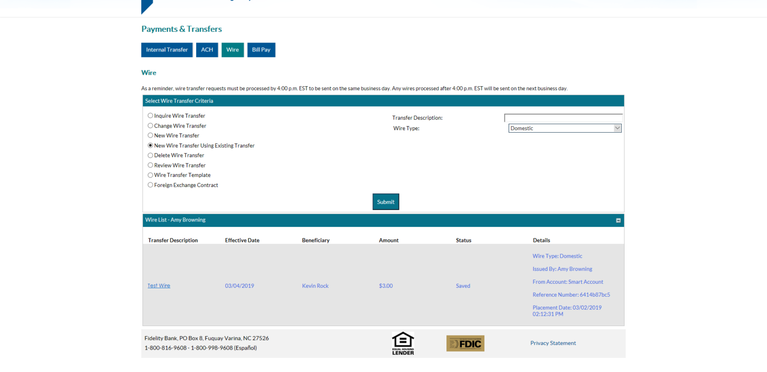 Domestic Wire User Guide — Fidelity Bank