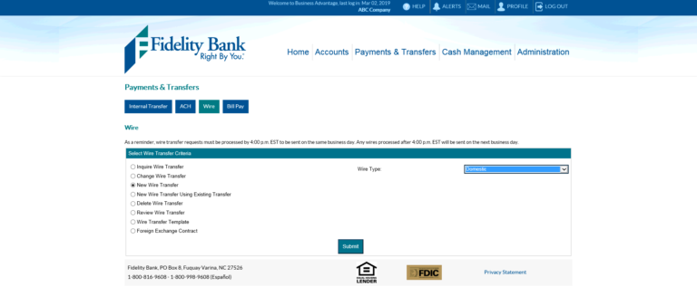 Domestic Wire User Guide — Fidelity Bank