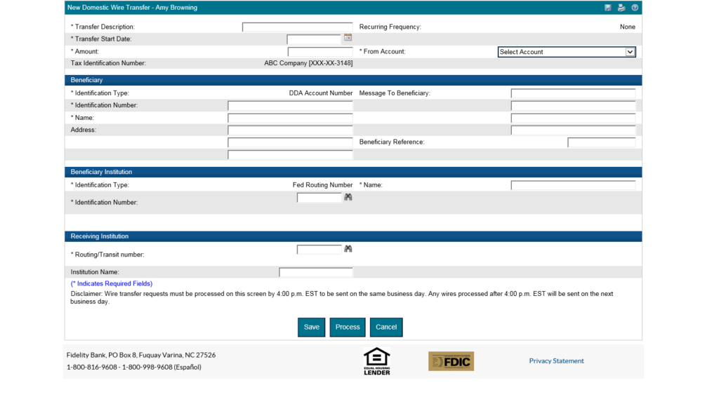 Domestic Wire User Guide — Fidelity Bank