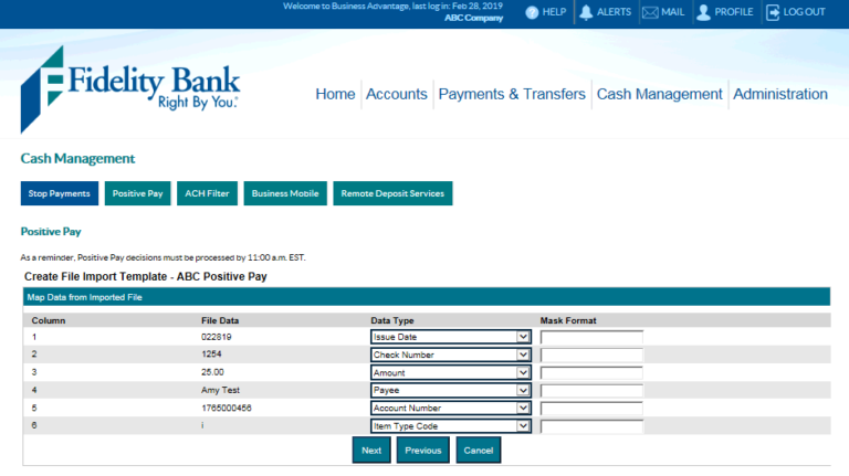 Positive Pay User Guide — Fidelity Bank